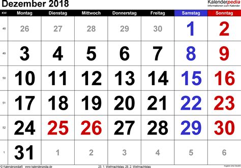 Kalender Dezember 2018 Als PDF Vorlagen