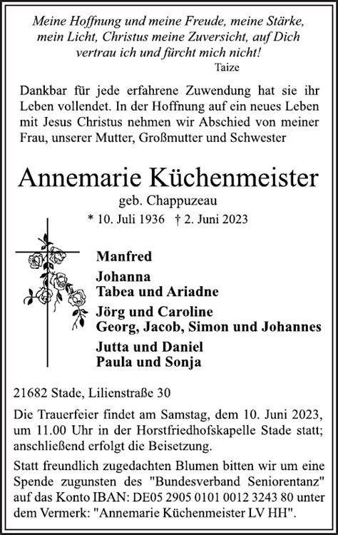 Annemarie K Chenmeister Traueranzeige Stader Tageblatt