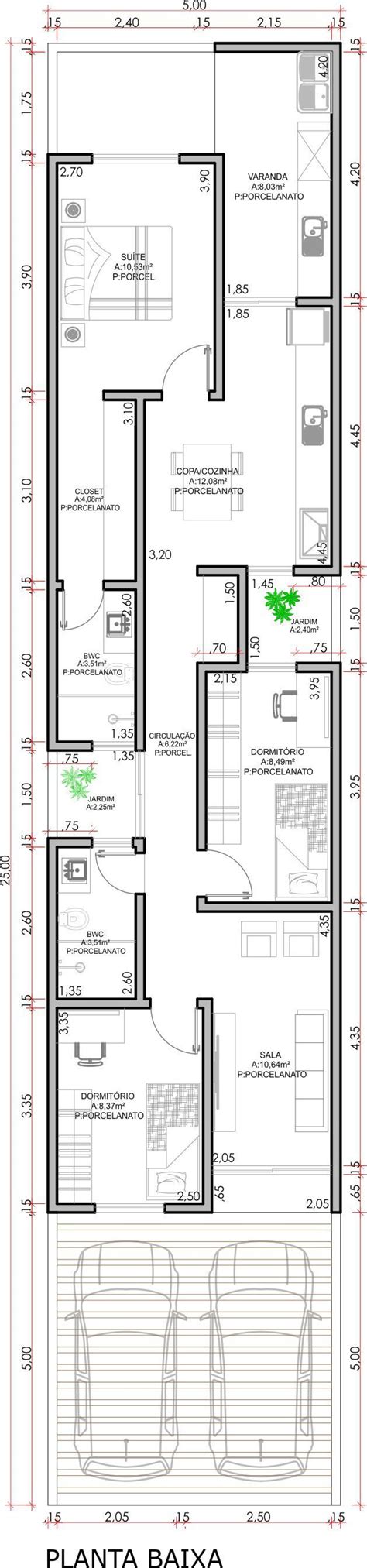 Planta De Casa 3 Quartos Para Terreno 5x25 Lindo Projeto