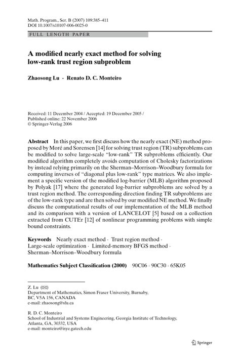 pdf a modified nearly exact method for solving low rank trust region subproblem