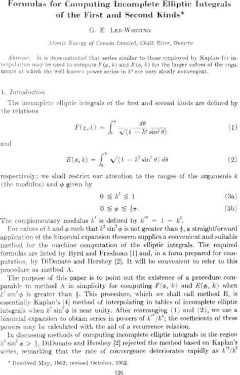 formulas for computing incomplete elliptic integrals of the first and second kinds journal of