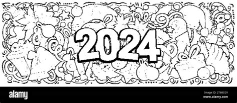 2024 Hand Drawn Doodles Horizontal Illustration New Year Objects And