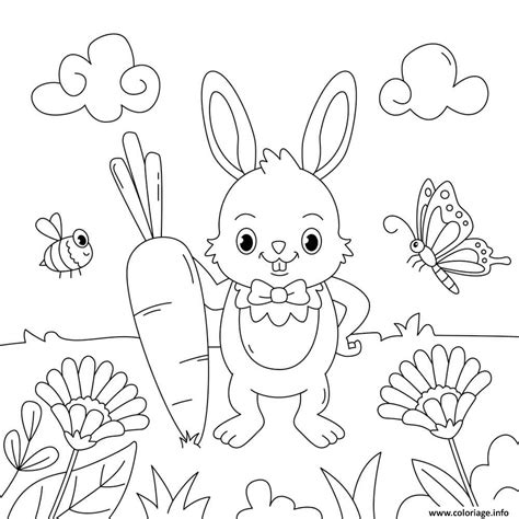 Coloriage Printemps Facile Lapin Avec Carotte Paysage Papillon Abeille
