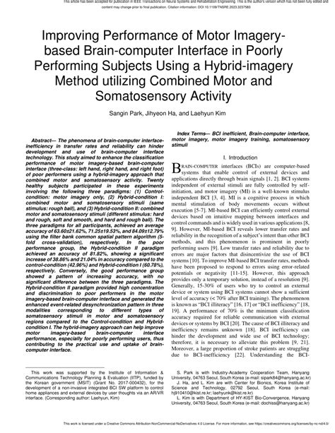 pdf improving performance of motor imagery based brain computer interface in poorly performing