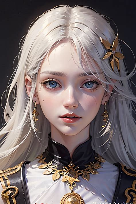 검은색과 금색 옷을 입고 흰 머리와 파란 눈을 가진 애니메이션 소녀 SeaArt AI