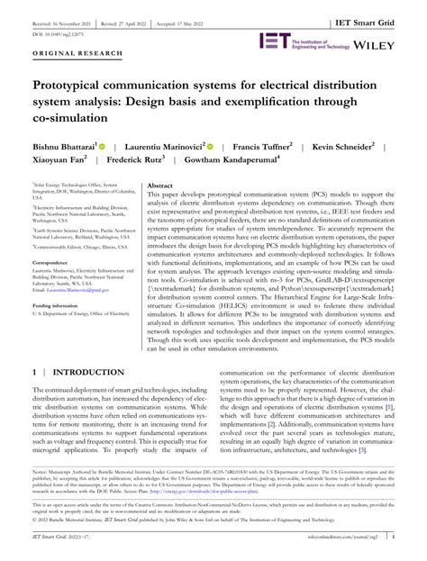 pdf prototypical communication systems for electrical distribution system analysis design