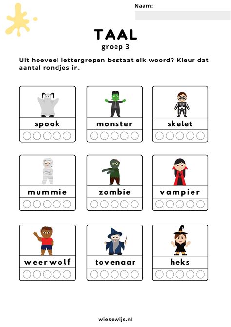 Werkblad Taal Groep 3 Lettergrepen Thema Griezelen Wiesewijs