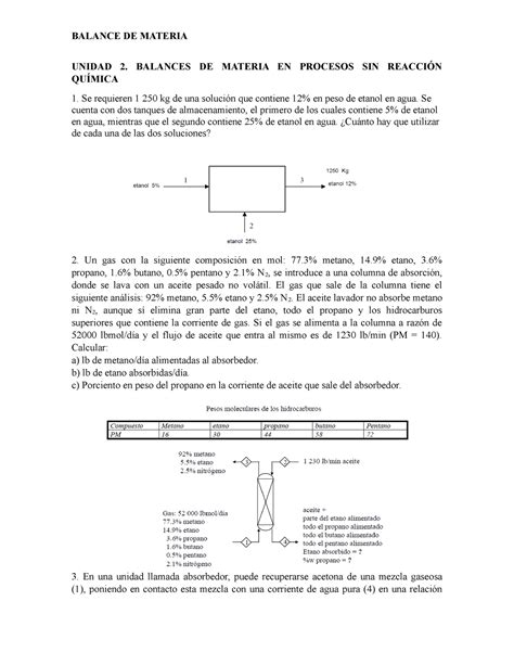 Tarea Balance de materia Problemas sin reacción química BALANCE DE