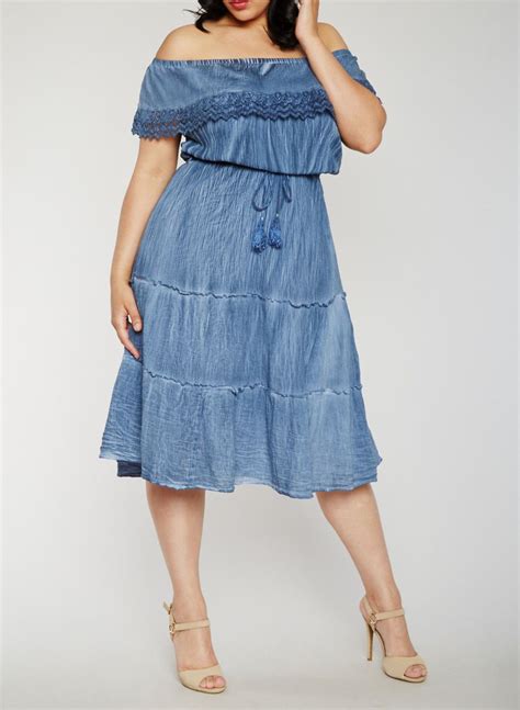 Plus Size Off The Shoulder Peasant Dress With Overlay DENIM WASH Large