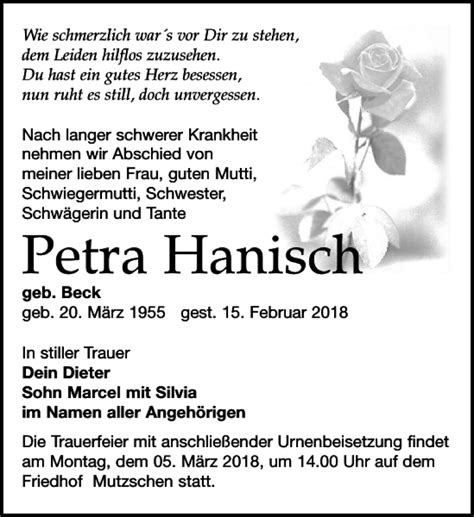 Traueranzeigen Von Petra Hanisch Trauer Anzeigen De