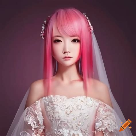 Japanese Girl With Long Pink Hair In A Wedding Dress On Craiyon