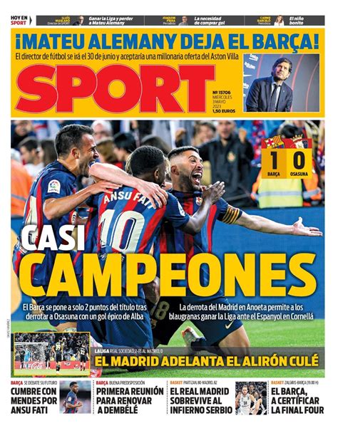 Esta es la portada de SPORT de hoy miércoles 3 de mayo de 2023
