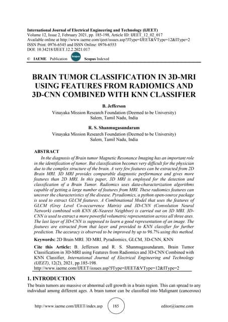 brain tumor classification in 3d mri using features from radiomics and 3d cnn combined with knn