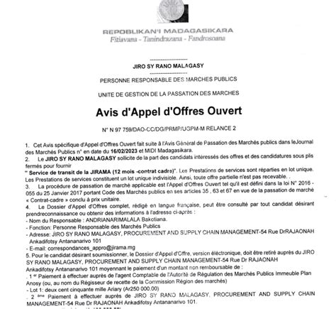 Avis Dappel Doffres Dao Cc Dg Prmp Ugpm M Relance Jirama
