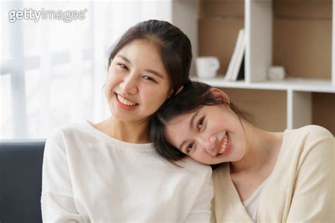 Happy Lgbtq Asian Lesbian Couple Two Asian Girls Show Their Love By Cuddling And Having Romance