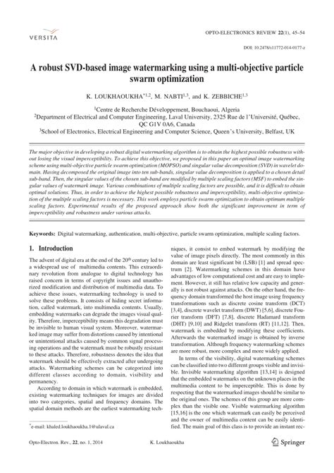 pdf a robust svd based image watermarking using a multi objective particle swarm optimization
