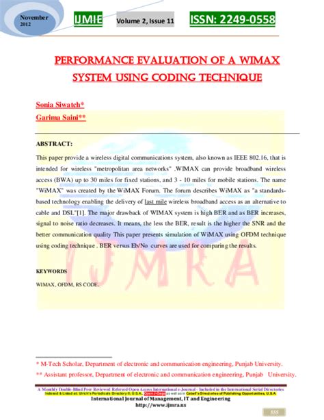 pdf performance evaluation of a wimax system using coding technique publisher ugc
