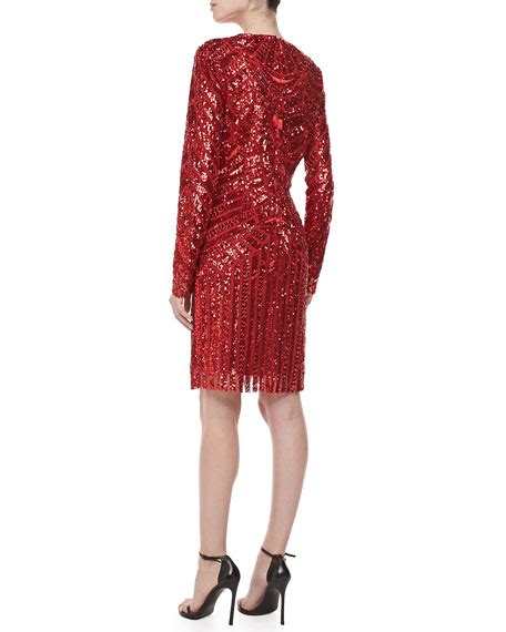 Monique Lhuillier Sequined Long Sleeve Dress Red