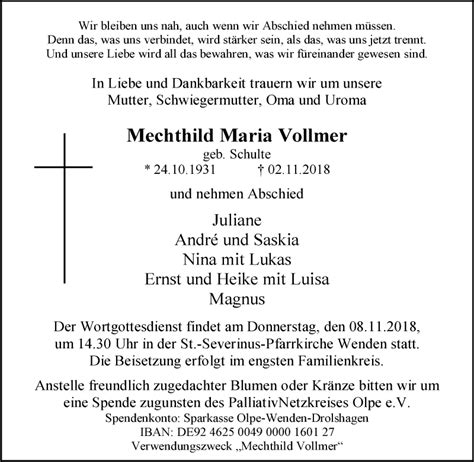 Traueranzeigen Von Mechthild Maria Vollmer Trauer In NRW De