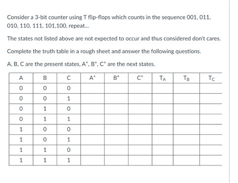 solved consider a 3 bit counter using t flip flops which