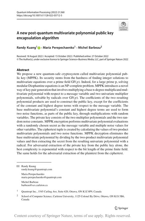 a new post quantum multivariate polynomial public key encapsulation algorithm request pdf