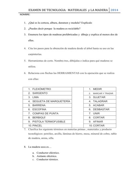 EXAMEN DE TECNOLOGIA MATERIALES Y LA MADERA