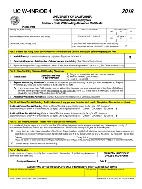 Fillable Online State Withholding Allowance Certificate UC W 4NR DE 4