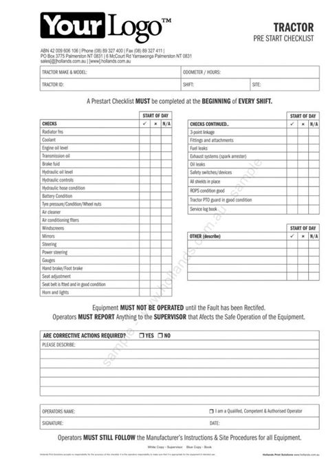 Printable Tractor Pre Start Checklist Books Forklift Log Book Template
