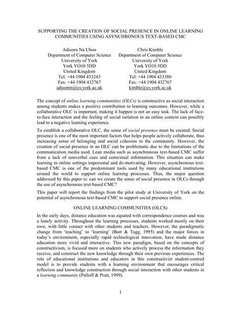 pdf supporting the creation of social presence in online learning communities using