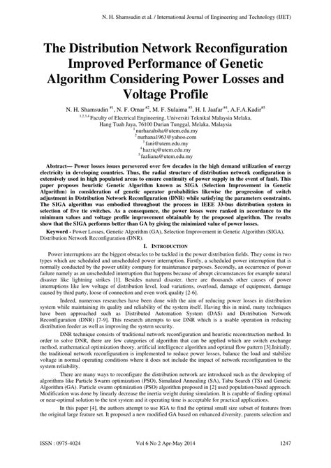 pdf the distribution network reconfiguration improved performance of genetic algorithm