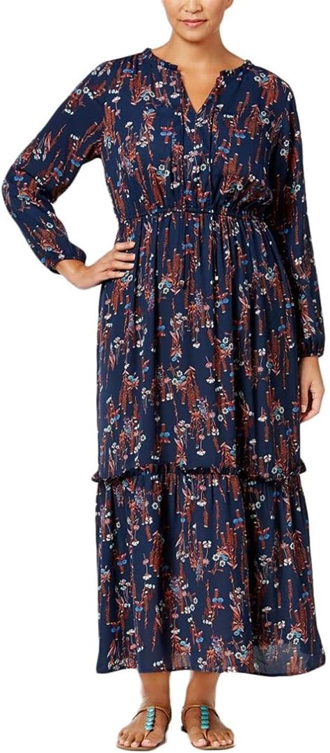 NY Collection Women S Plus Size Printed Long Sleeve Maxi Peasant Tiered