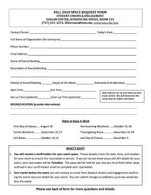 Fillable Online FALL 2020 SPACE REQUEST FORM Please See Back Of Form
