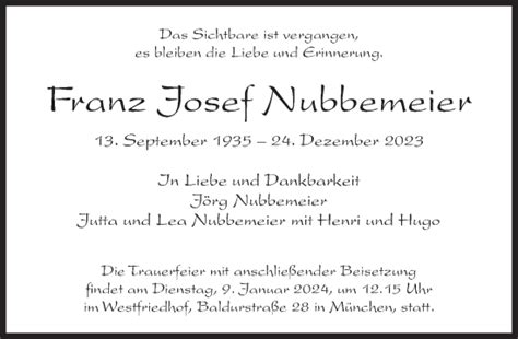 Traueranzeigen Von Franz Josef Nubbemeier SZ Gedenken De