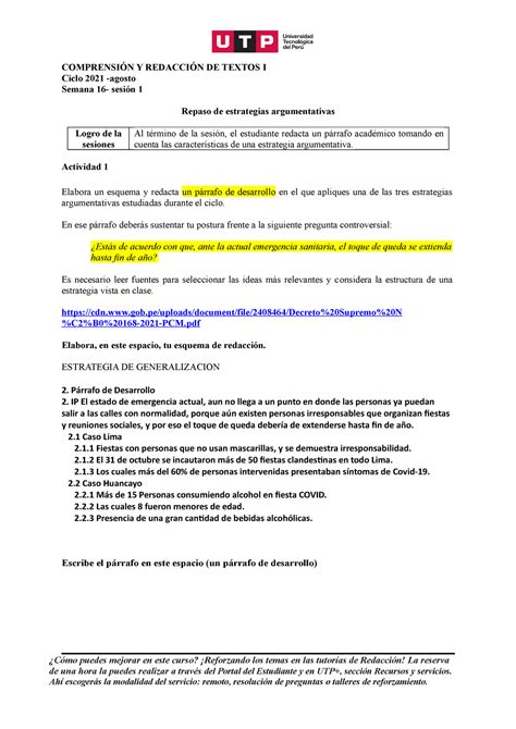 S16 s1 Repaso de estrategías argumentativas 2021 agosto COMPRENSIÓN Y