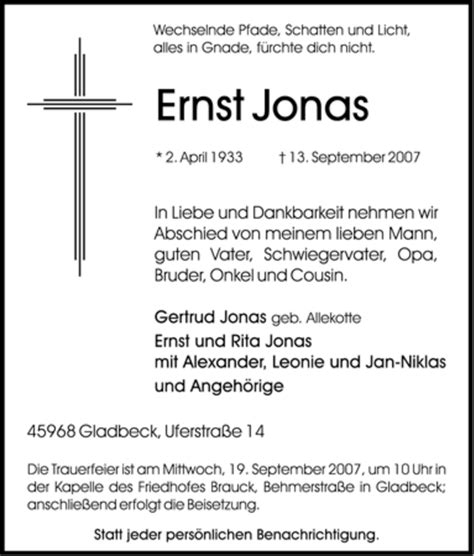 Traueranzeigen Von Ernst Jonas Trauer In NRW De