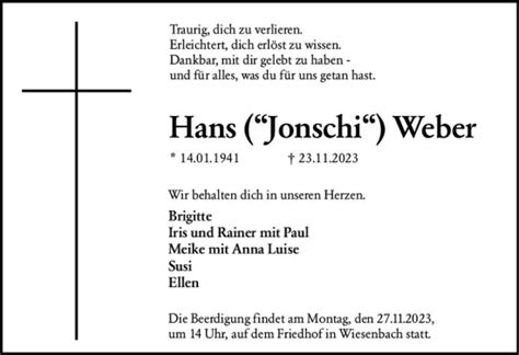 Traueranzeigen Von Hans Weber Vrm Trauer De