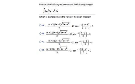 solved use the table of integrals to evaluate the following
