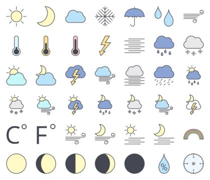 Pastel Weather Icons Sun Moon Cloud Rain Snow Rainbow Thunder Vector