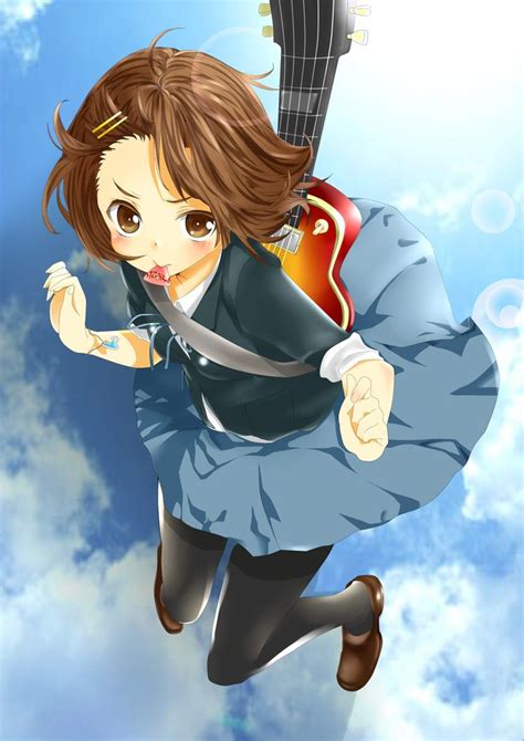 An Anime Character Flying Through The Air With A Guitar On Her Back And