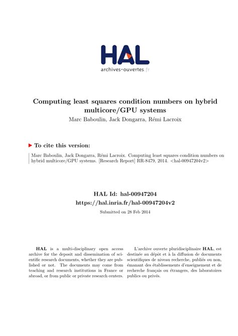 pdf computing least squares condition numbers on hybrid multicore gpu systems