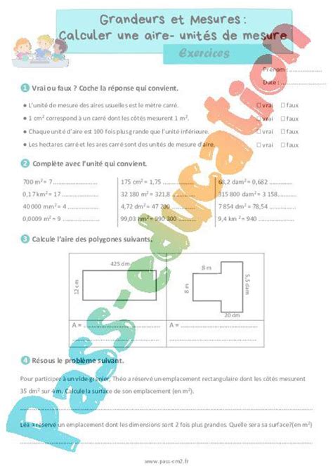 Calculer une aire unités de mesure Exercices de grandeurs et