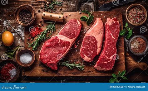 Variety Of Raw Beef Meat Steaks For Grilling With Seasoning And