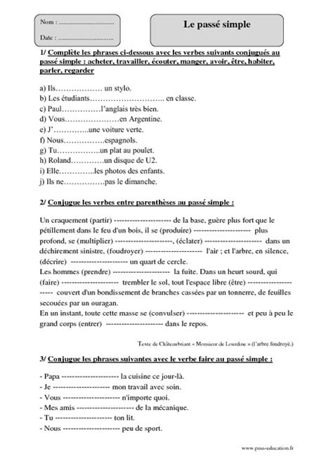 Passé simple Cm1 Exercices avec correction Pass Education