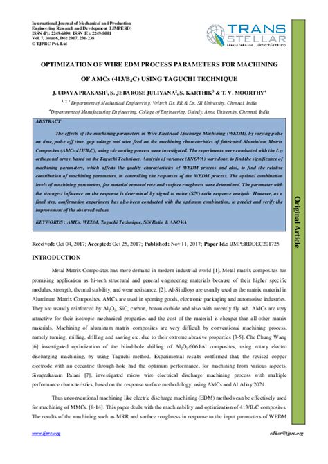 pdf optimization of wire edm process parameters for machining of amcs 413 b 4 c using