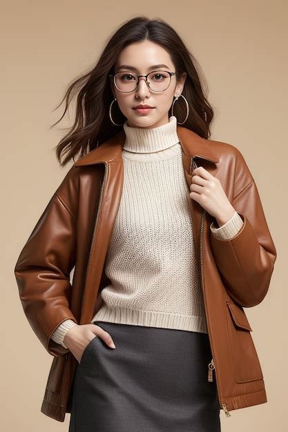 Premium AI Image A Woman Wearing A Brown Leather Jacket And A White