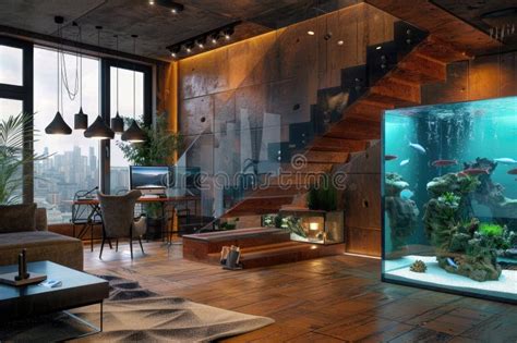 Modern Living Room With Large Built In Aquarium Stock Illustration