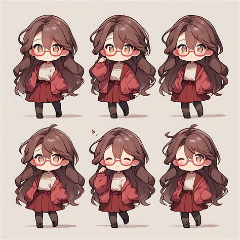 Personagem Feminina Chibi Kawaii Librarian Bookworm Outfit Cores
