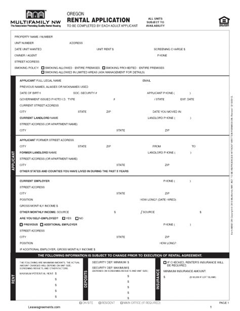 Free Oregon Rental Application Form PDF