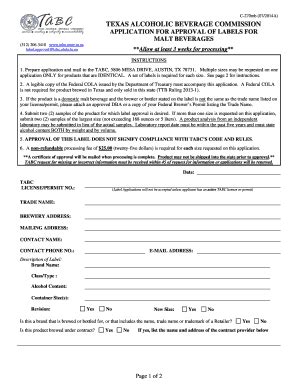 Fillable Online Tabc State Tx Application For Approval Of Labels For