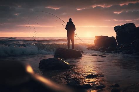 O Pescador Masculino Mant M A Silhueta Da Vara De Pescar Do Homem No